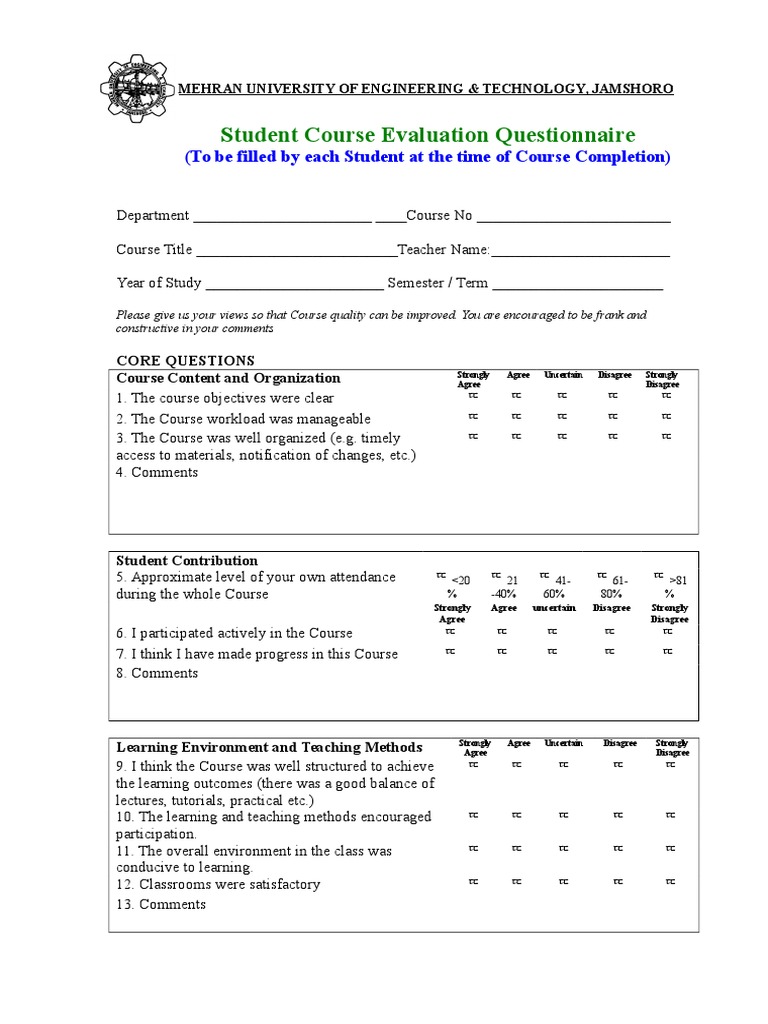 Proforma 1 Student Course Evaluation Questionnaire | PDF | Teaching ...