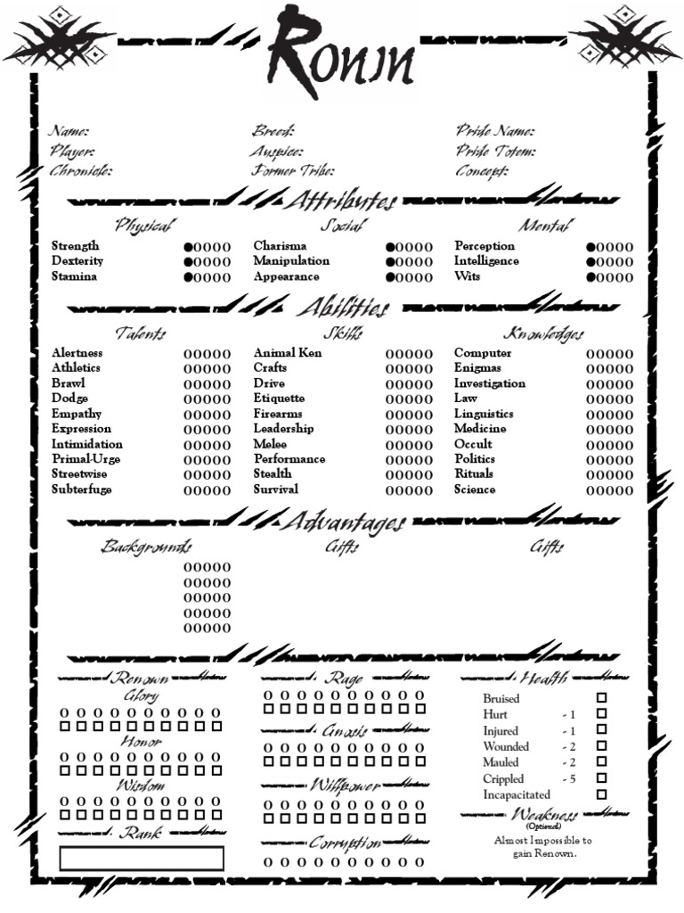 WOD - Werewolf - The Apocalypse - Character Sheet - Ronin | PDF ...
