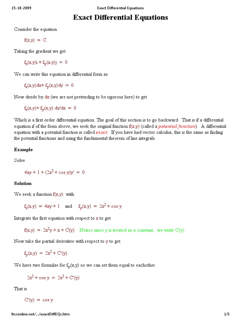Exact Differential Equations | PDF | Differential Equations | Equations