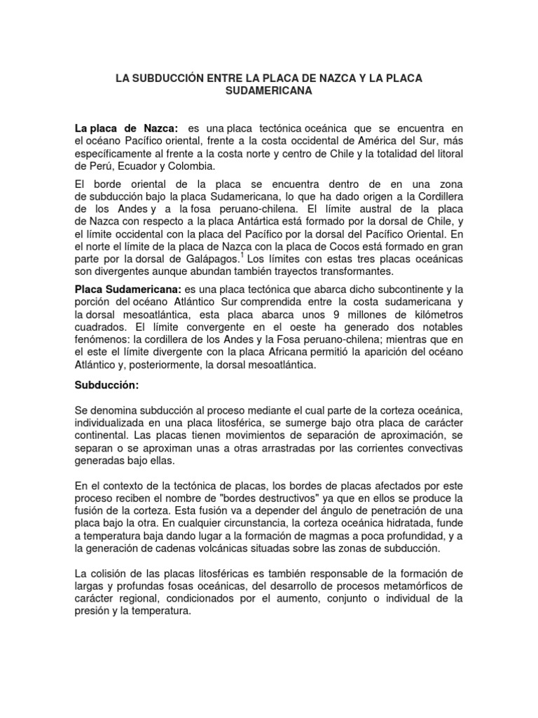 La Subducción Entre La Placa de Nazca y La Placa Sudamericana | PDF ...