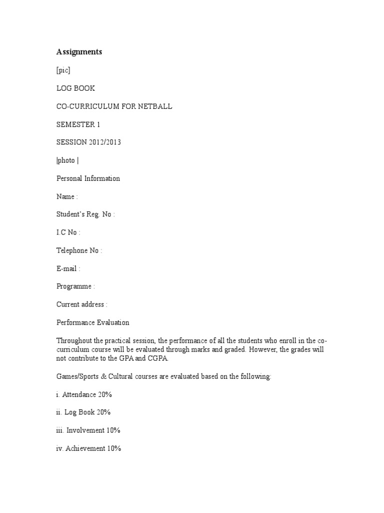 Exp Netball Logbook | PDF | Grading (Education) | Cognition