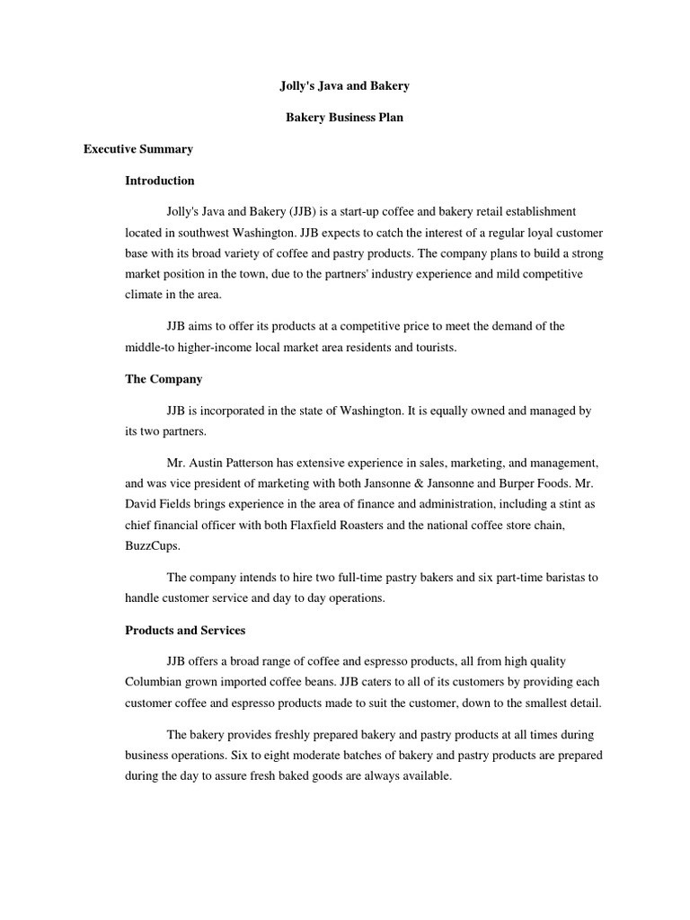 Jolly's Java and Bakery Bakery Business Plan Executive Summary | Download Free PDF | Coffee ...