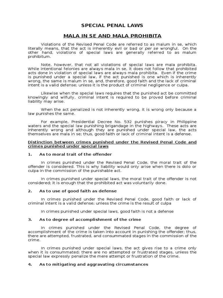 Distinction of Mala In Se and Mala Prohibita | PDF | Crime & Violence ...