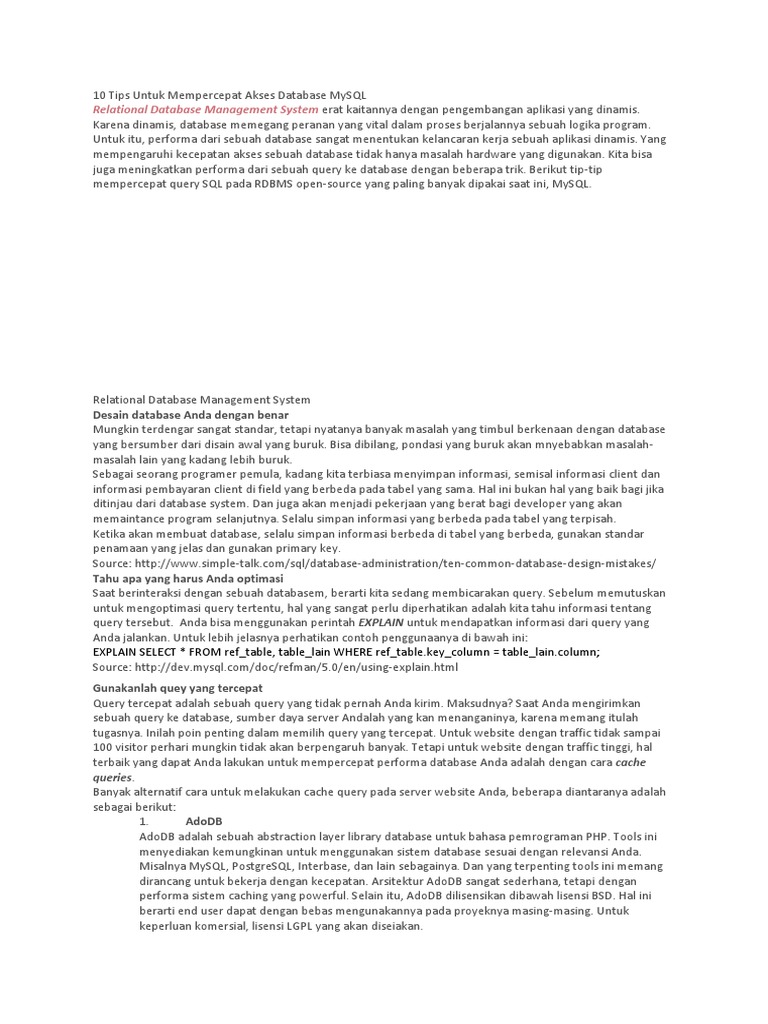 10 Tips Untuk Mempercepat Akses Database MySQL | PDF | Komputer