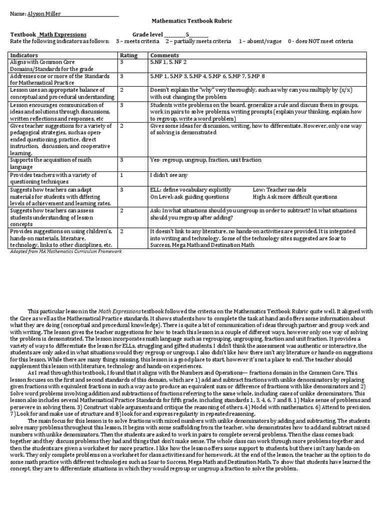 5th Grade Math Textbook Evaluation | PDF | Fraction (Mathematics ...