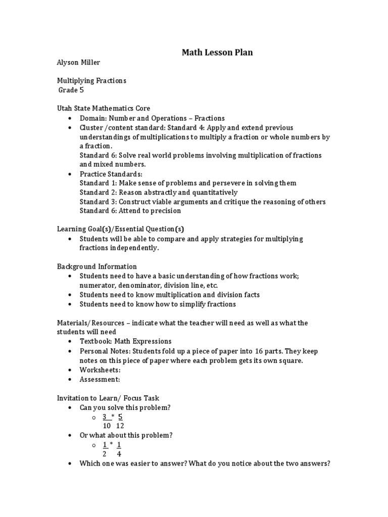 Math Lesson Plan 6b | PDF | Fraction (Mathematics) | Lesson Plan