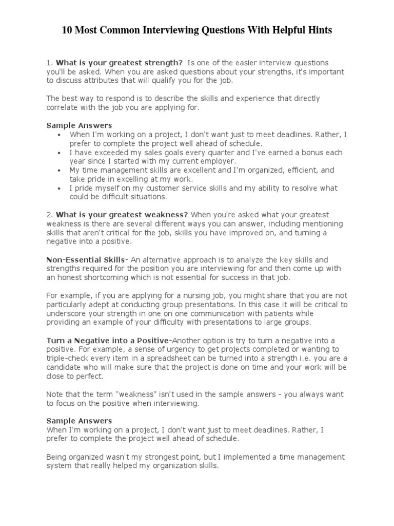 10 Most Common Interviewing Questions With Helpful Hints: Sample ...