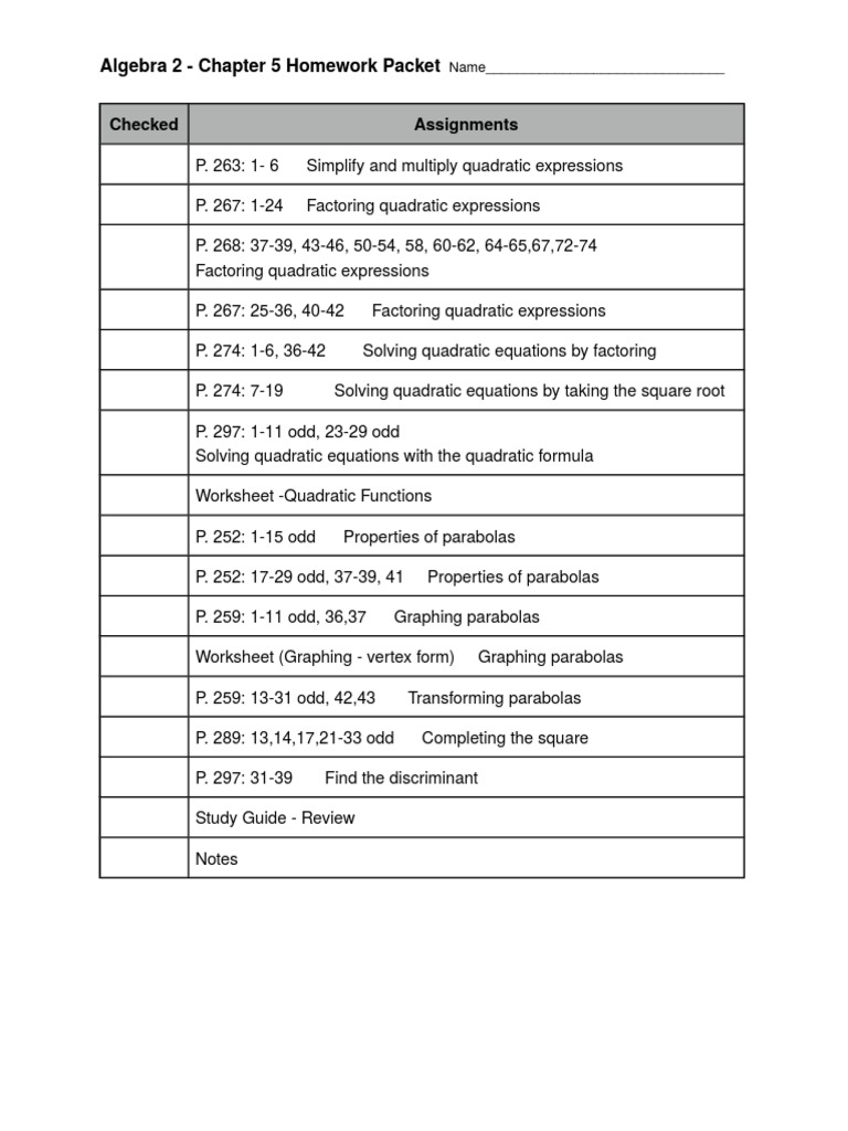 Algebra 2 Chapter 5 Quadratics Homework | PDF