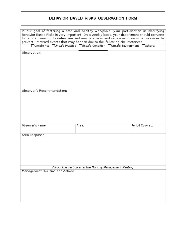 Behavior Based Safety BBS Observation Form | PDF