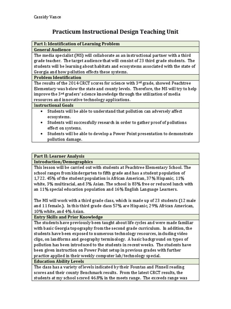Practicum Instructional Design Teaching Unit: Part I: Identification of ...