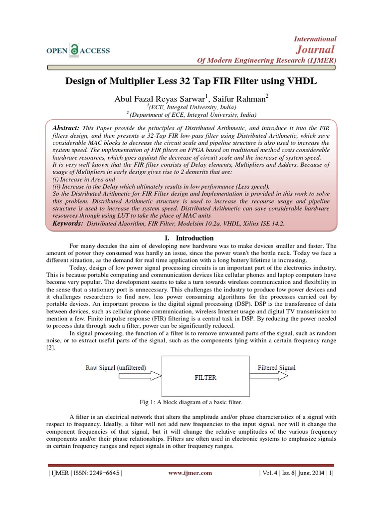 Design of Multiplier Less 32 Tap FIR Filter Using VHDL | PDF