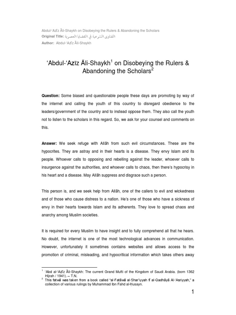 'Abd Al-'Azeez Aali-Shaykh On, Disobeying The Rulers and Abandoning The ...