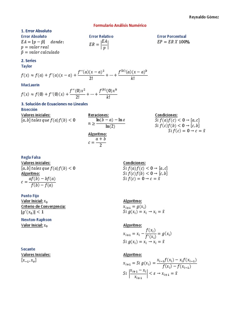 Formulario Análisis Numérico Primer Departamental | PDF