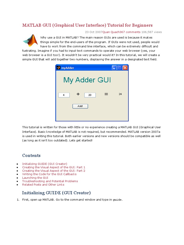 MATLAB GUI (Graphical User Interface) Tutorial For Beginners | PDF | Graphical User Interfaces ...
