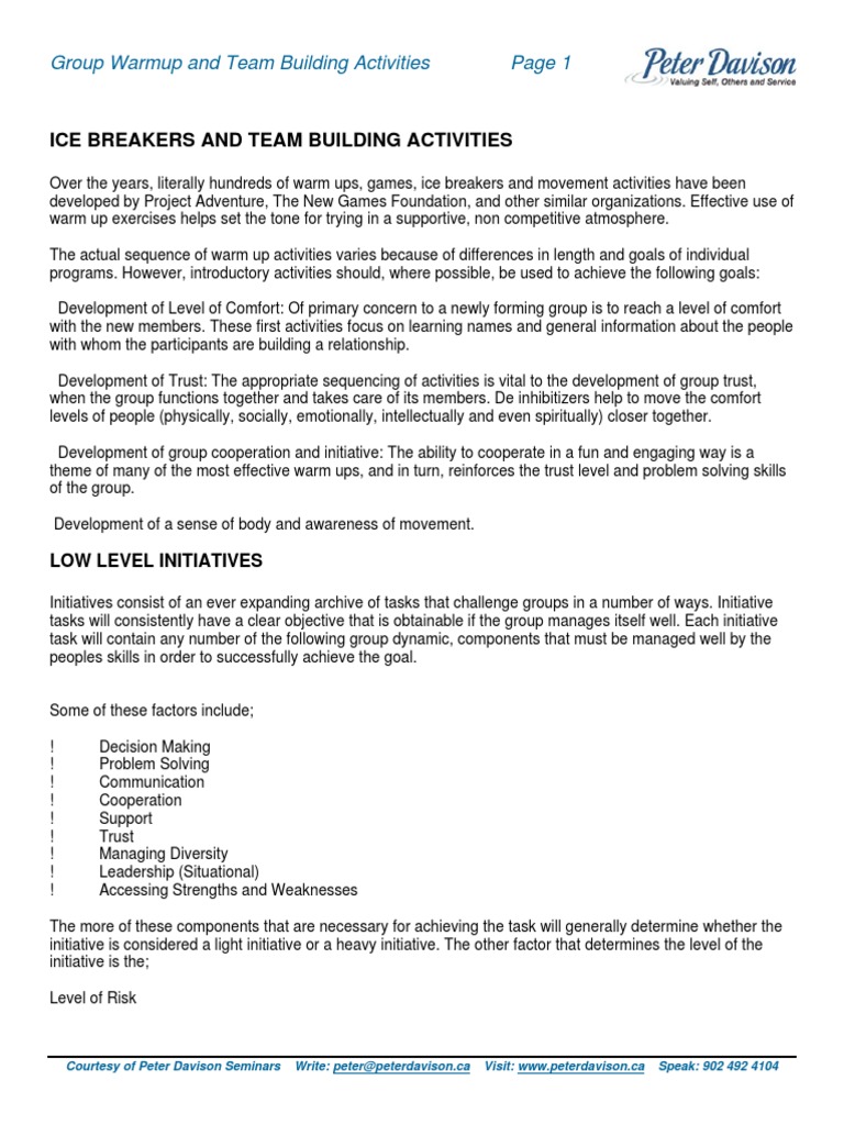 Team Building Warm-Up Activities Guide | PDF | Trust (Emotion) | Goal