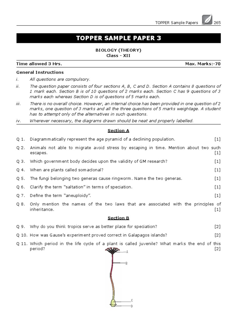 Topper Sample Paper 3: Biology (Theory) Class - XII Time Allowed 3 Hrs. Max. Marks:-70 General ...