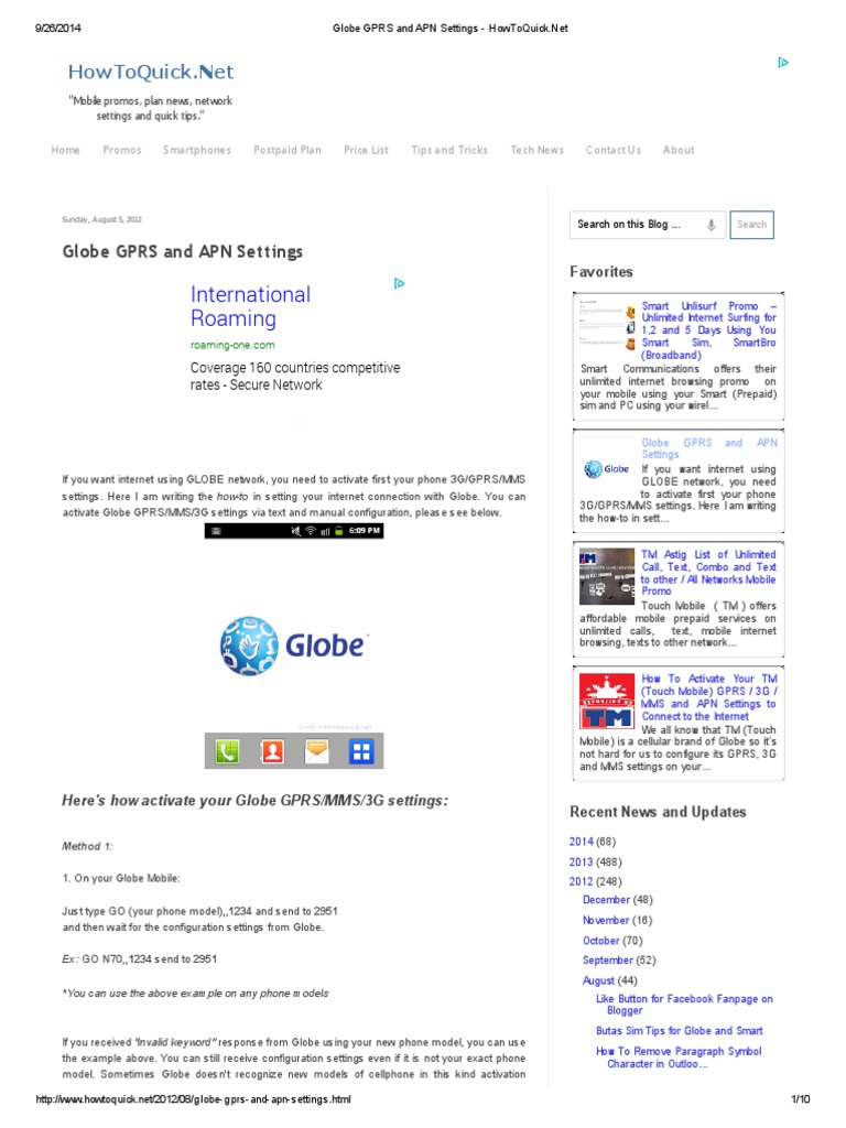 Globe GPRS and APN Settings - HowToQuick PDF | PDF | Mobile Phones ...