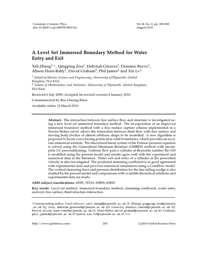 A Level Set Immersed Boundary Method For Water Entry and Exit - Zhang | PDF | Navier–Stokes ...