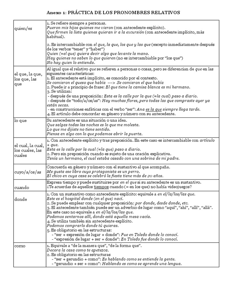 Anexos Pronombres Relativos | PDF | Adverbio | Verbo