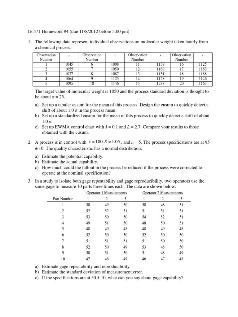 IE 571 Homework 4: Process Control Analysis | PDF