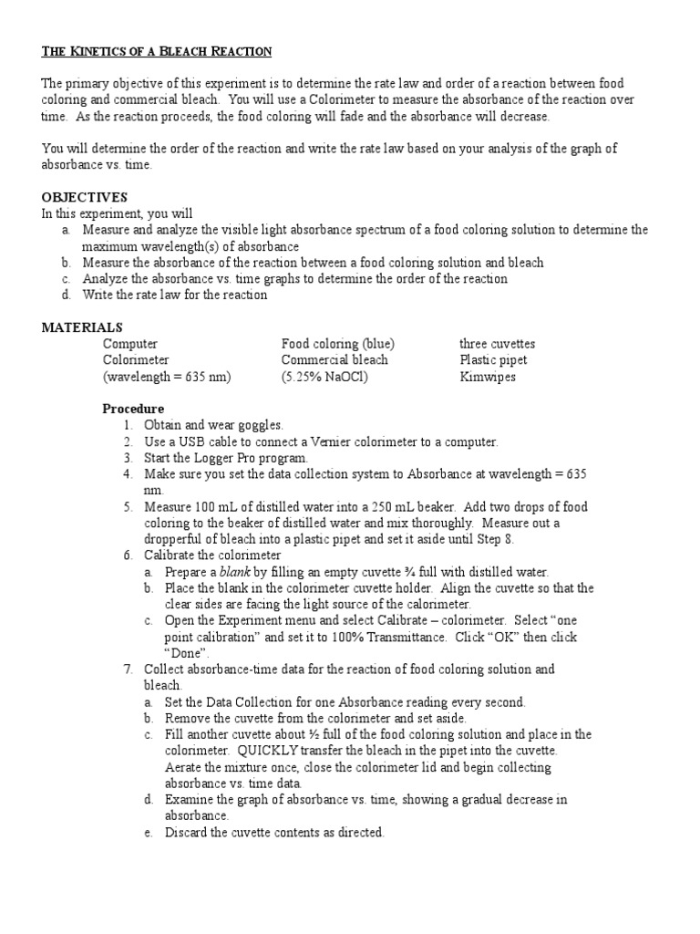 The Kinetics of A Bleach Reaction | PDF | Absorbance | Chemical Reactions