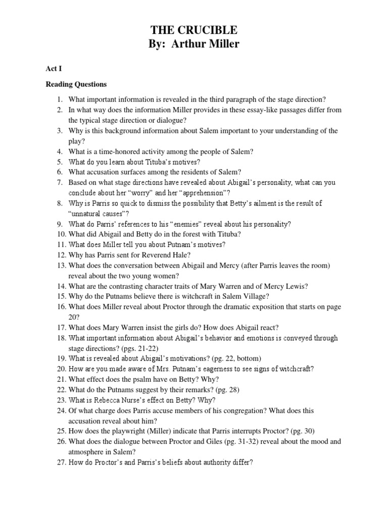 The Crucible By: Arthur Miller: Act I Reading Questions | PDF | Philosophy