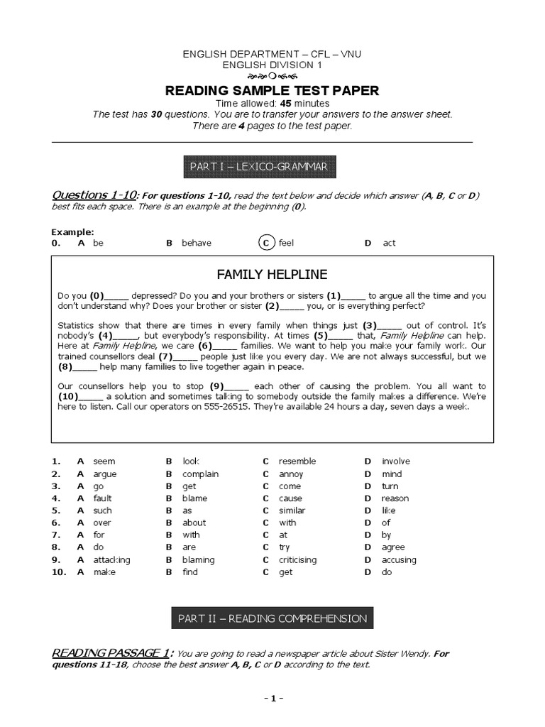 Reading Sample Test 1st Year PDF | PDF