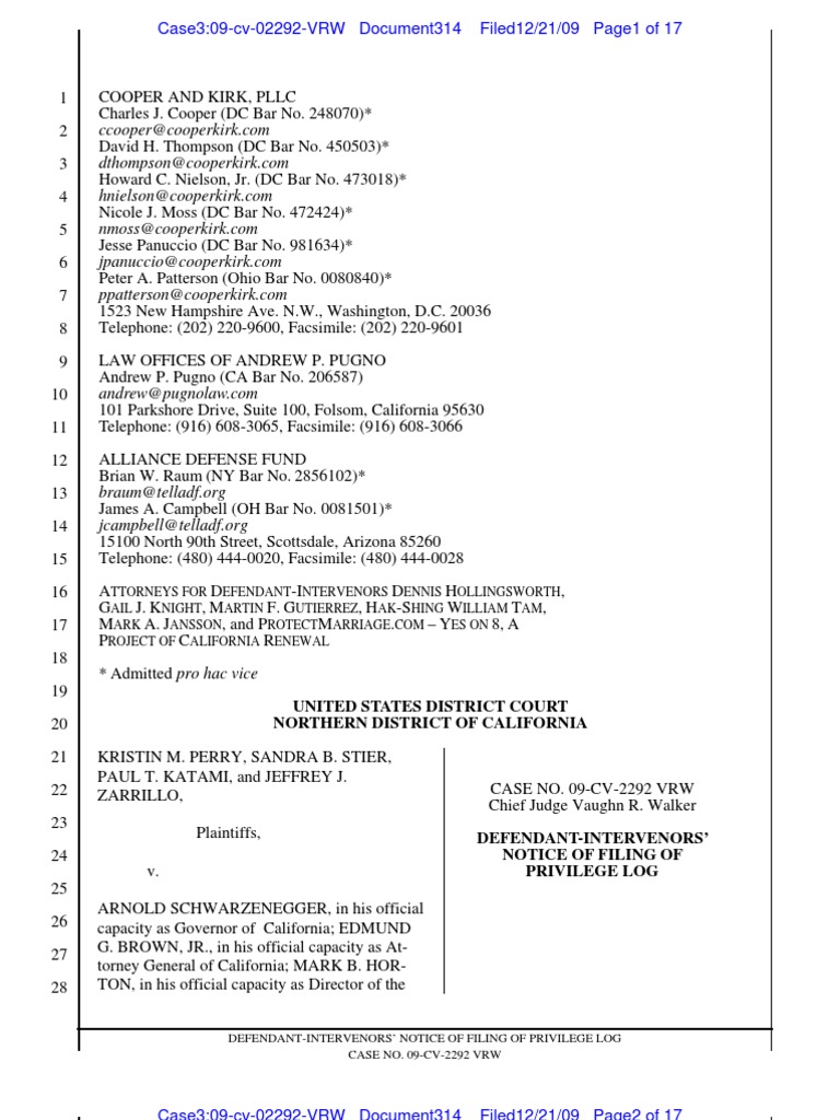 Prop. 8 Proponents' Notice of Filing of Privilege Log, Filed 12-21-09 ...
