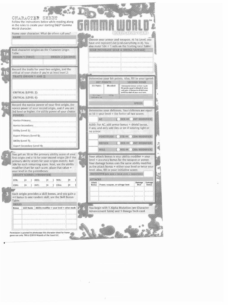 Gamma World Character Sheet | Role Playing | Entertainment