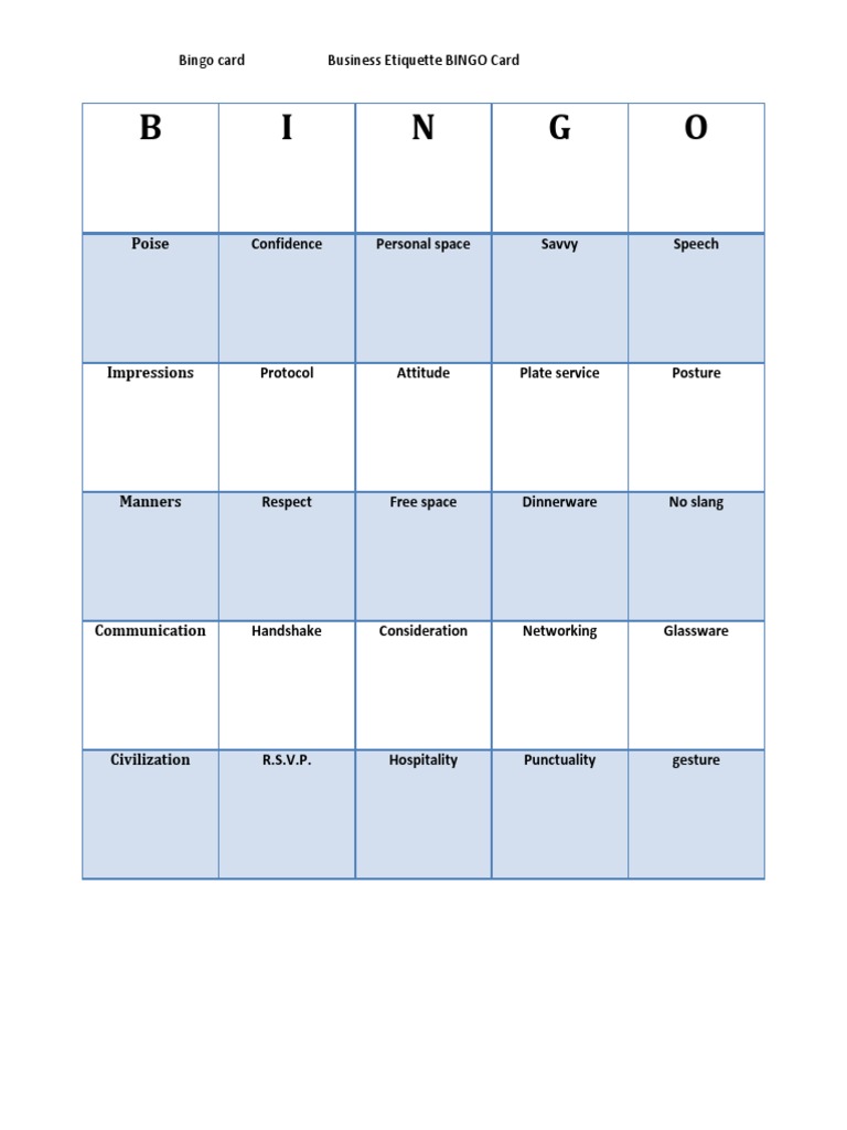 Business Etiquette Bingo Card | PDF