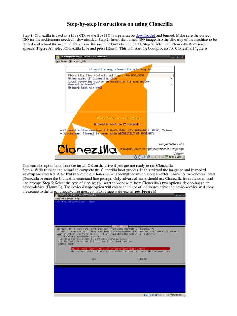 Step-By-Step Instructions On Using Clonezilla: Downloaded | PDF | Booting | Command Line Interface