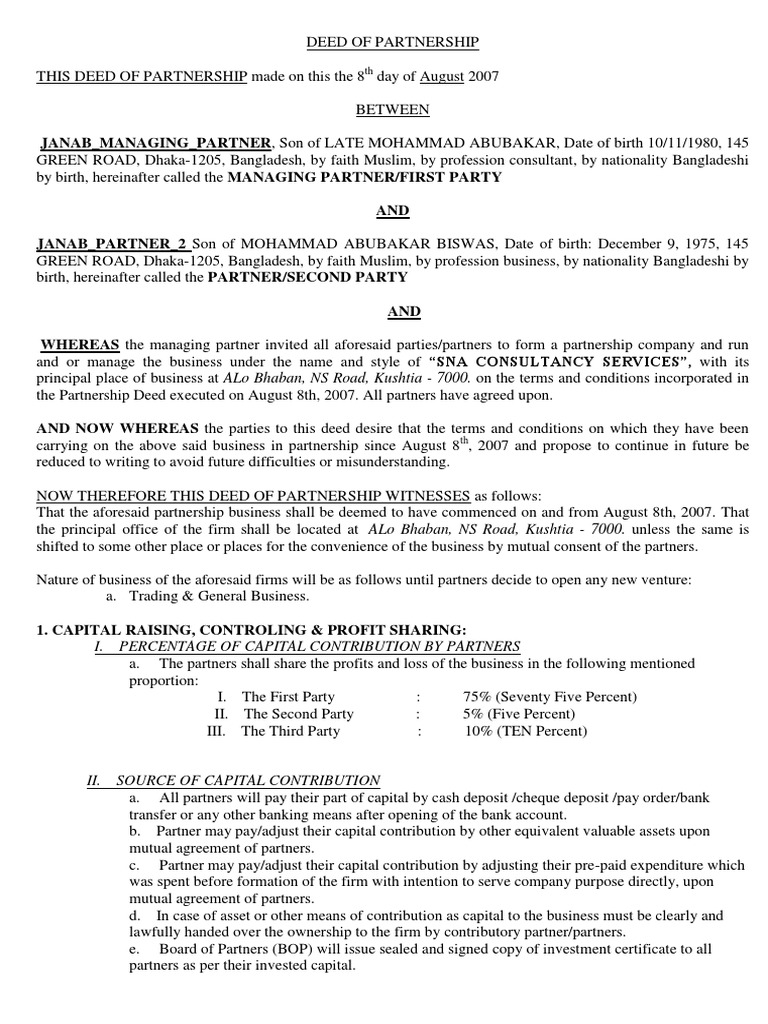 Deed of Partnership in Bangladesh Purpose | Partnership | Business ...