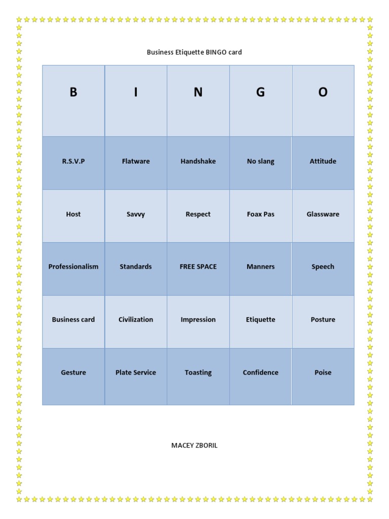 Real Business Etiquette Bingo Card | PDF | Etiquette | Gesture