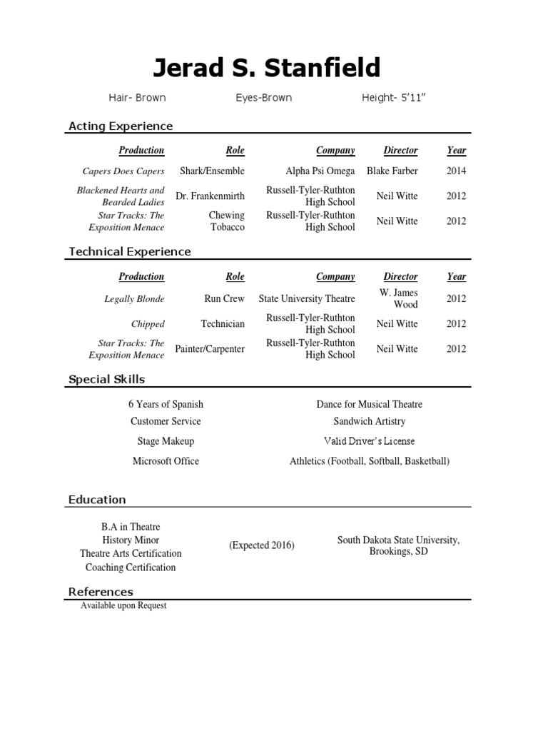 Jerad S. Stanfield: Acting & Technical Resume | PDF | Sports ...