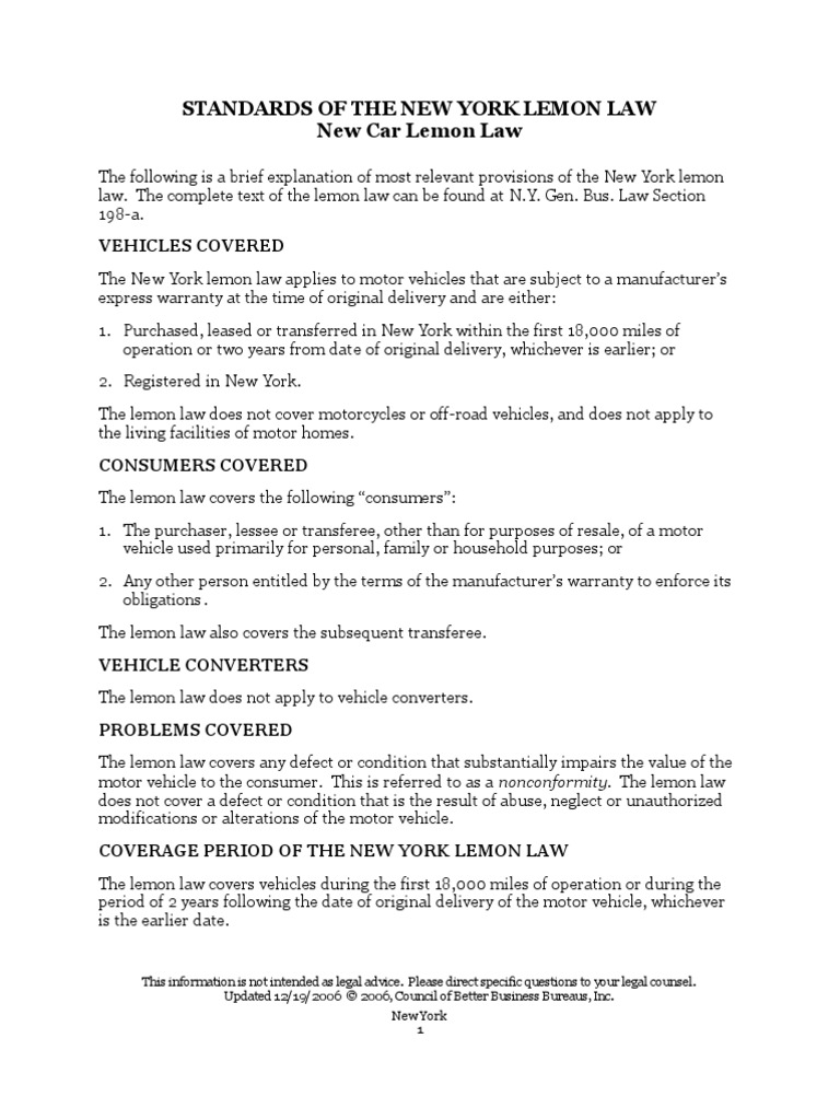 Standards of The New York Lemon Law New Car Lemon Law: Vehicles Covered ...
