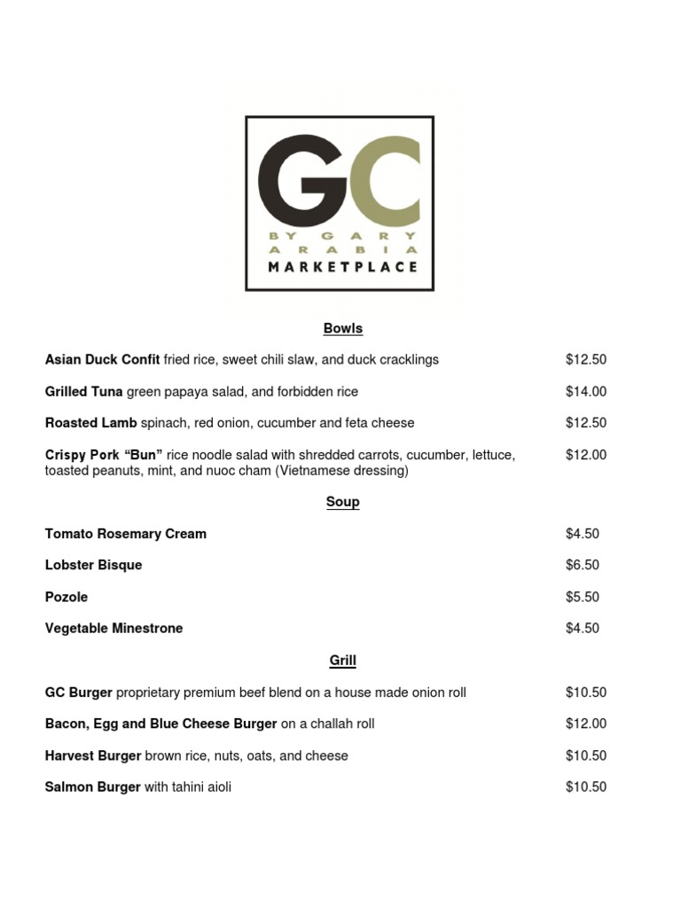 GC Marketplace Menu | PDF | Salad | Hamburgers