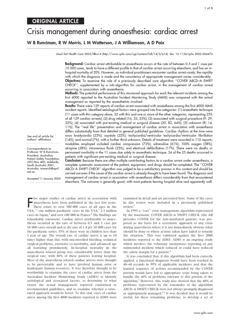Crisis Management During Anaesthesia: Cardiac Arrest: Original Article ...