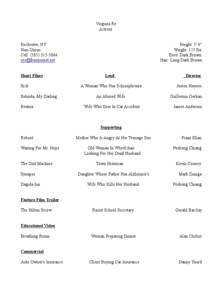 Virginia Re - Actress Profile & Resume | PDF | Mystery, Thriller ...