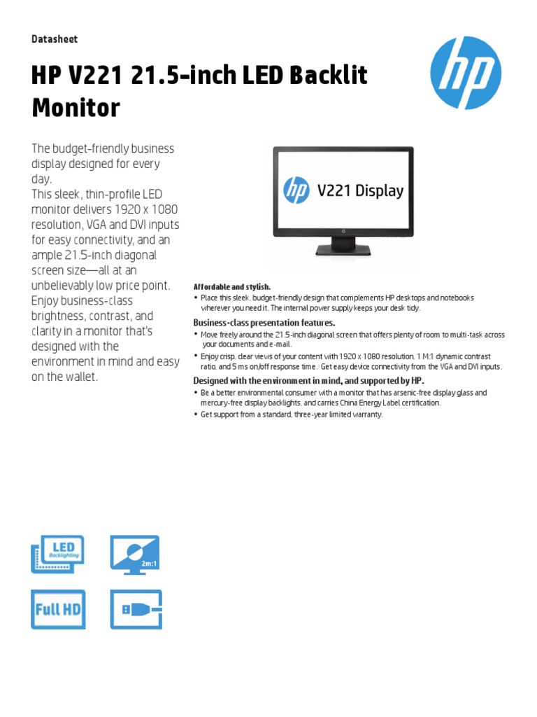 AMS HP V221 Monitor Datasheet PDF | PDF | Computer Monitor | Hewlett ...