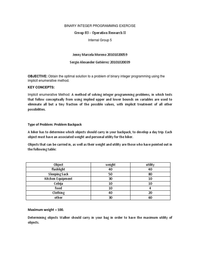 Determining the Optimal Combination of Items for a Day Hike Using the ...