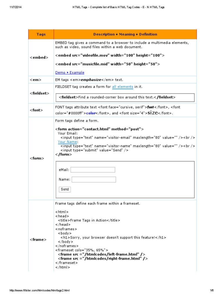 HTML Tags - Complete List of Basic HTML Tag Codes - E - N HTML Tags ...