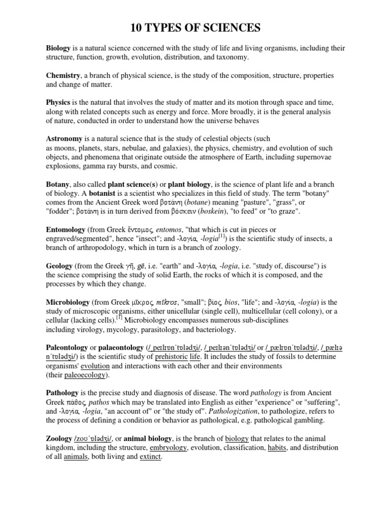 10 Types of Sciences | PDF | Zoology | Biology
