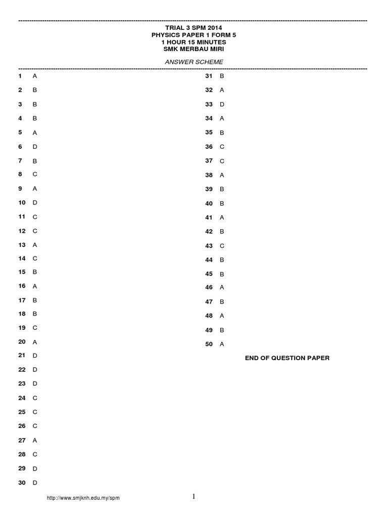 SPM 2014 Physics Paper 1 Answers | PDF