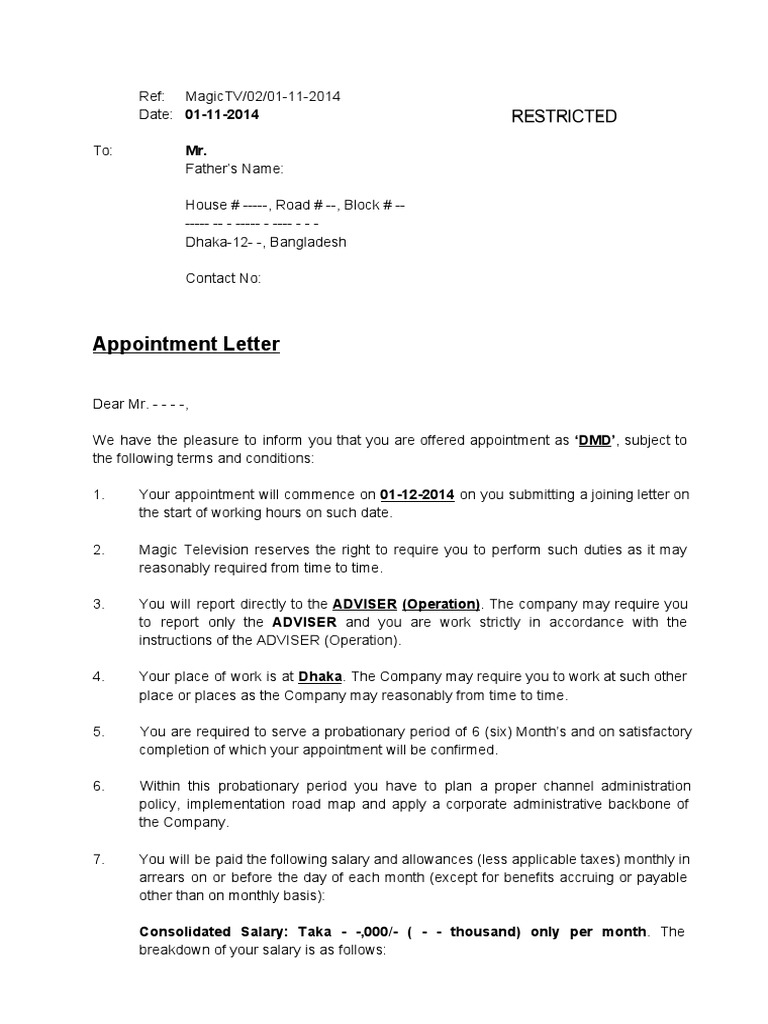 AppointmentLetterofDMD PDF | PDF | Contractual Term | Employment
