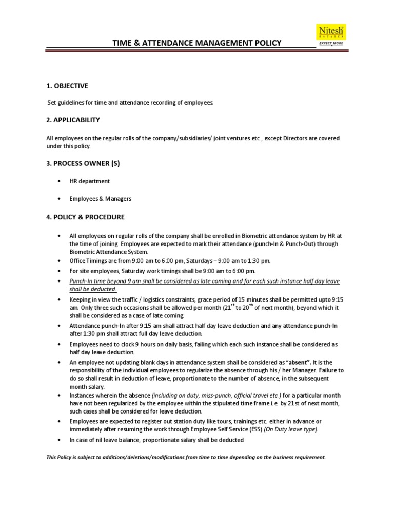 Time and Attendance Management Policy | PDF | Career & Growth | Finance ...