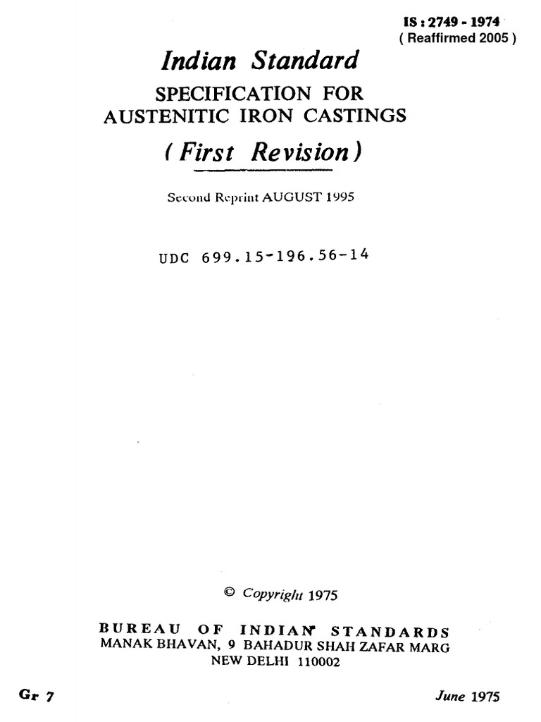 Indian Standard: Specification FOR Austenitic Iron Castings | PDF ...