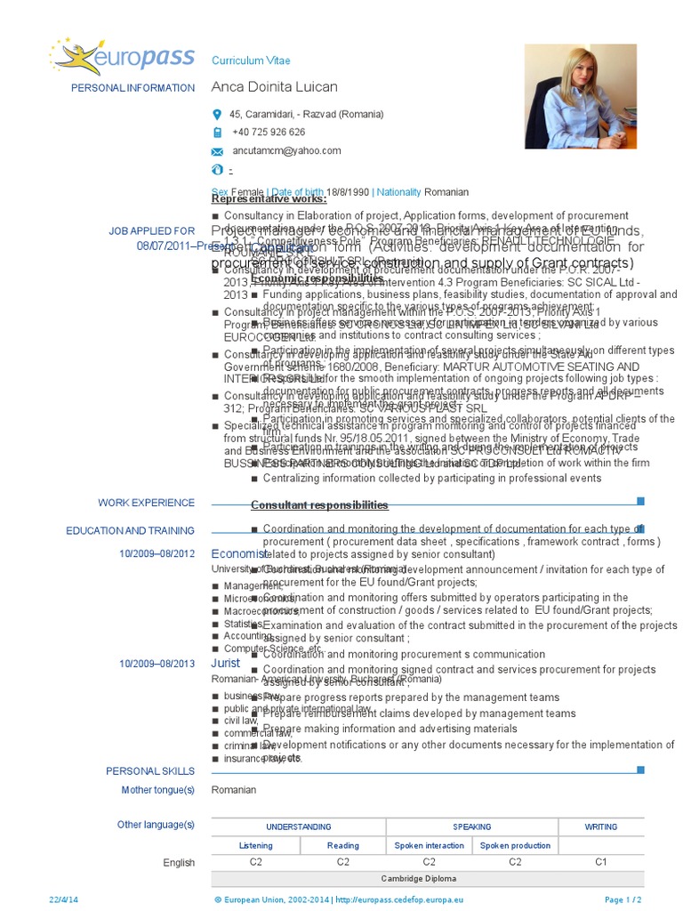 CV Europass - Engleza | PDF | Business | Further Education