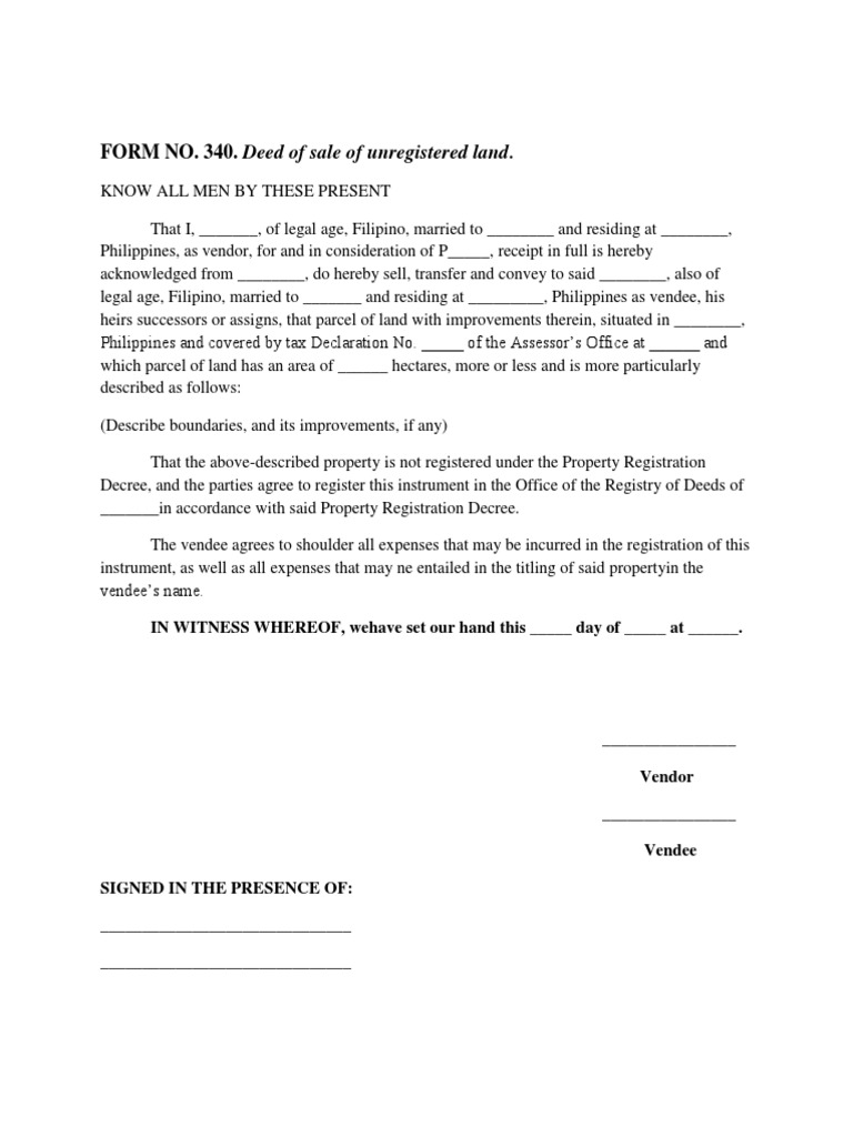 Deed of Sale for Unregistered Land | PDF | Social Science | Law