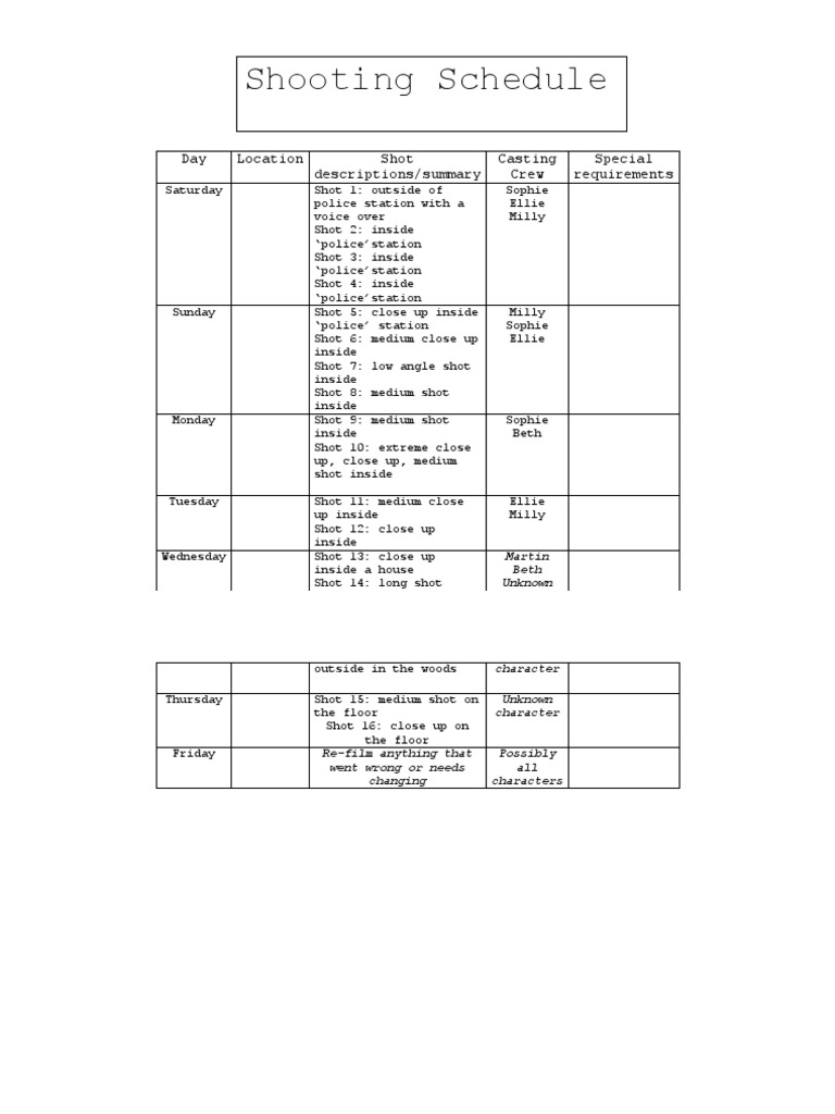 Shooting Schedule: Day Location Shot Descriptions/summary Casting Crew ...