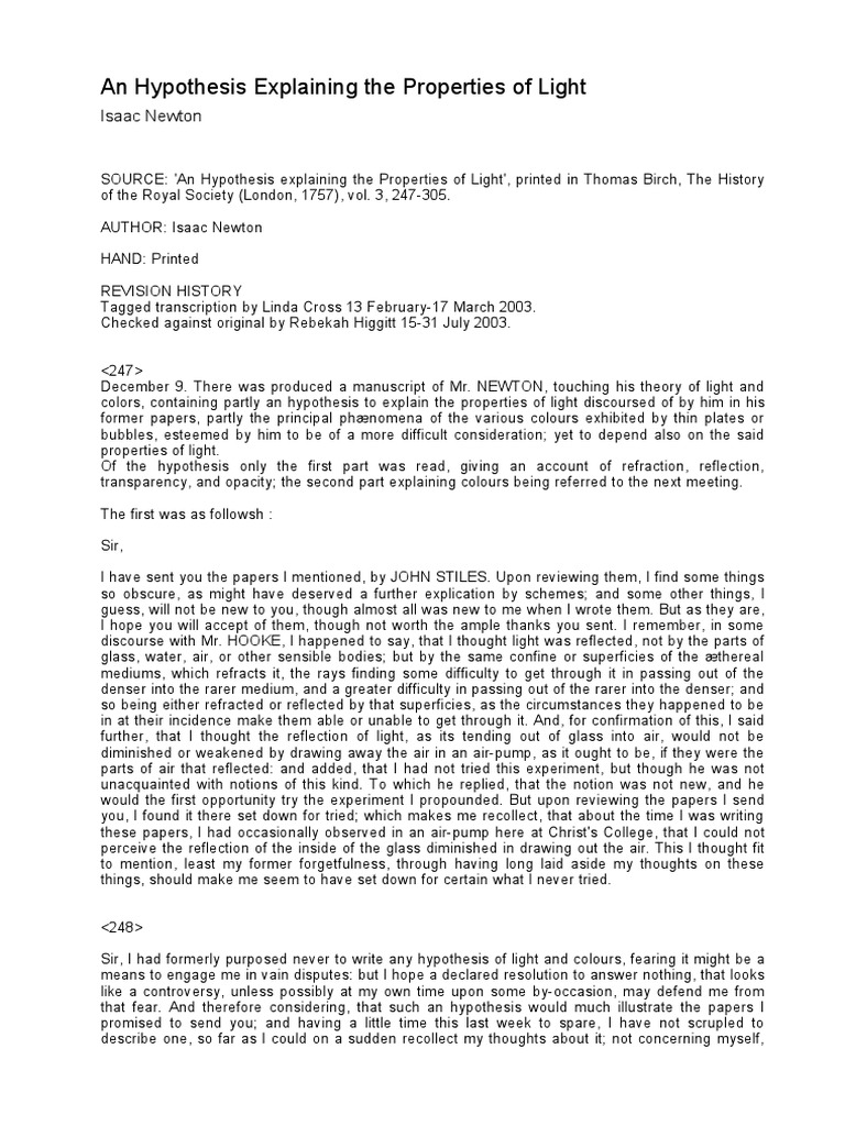 Hypothesis explaining the Properties of Light | Light | Isaac Newton